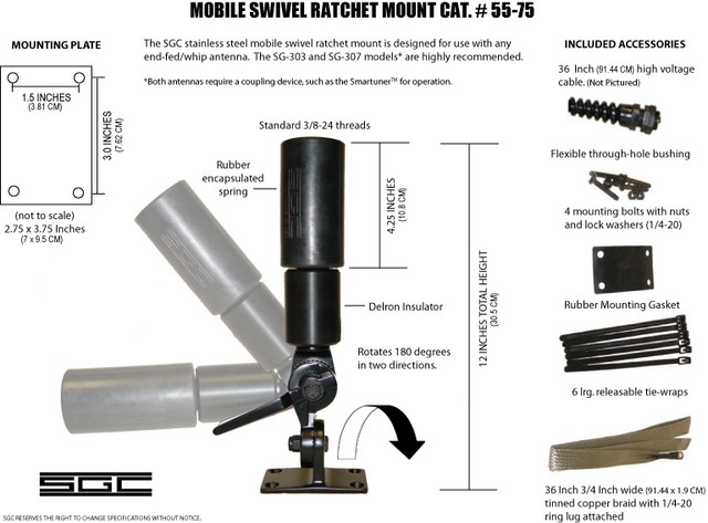 SGC Whip Antenna Mount 55-75 HF Frequency Hmwv M998 Sg-303 307 Mobile ...
