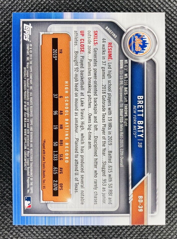 Brett Baty 2019 Bowman Draft 1st Rookie #BD-39 New York Mets | eBay