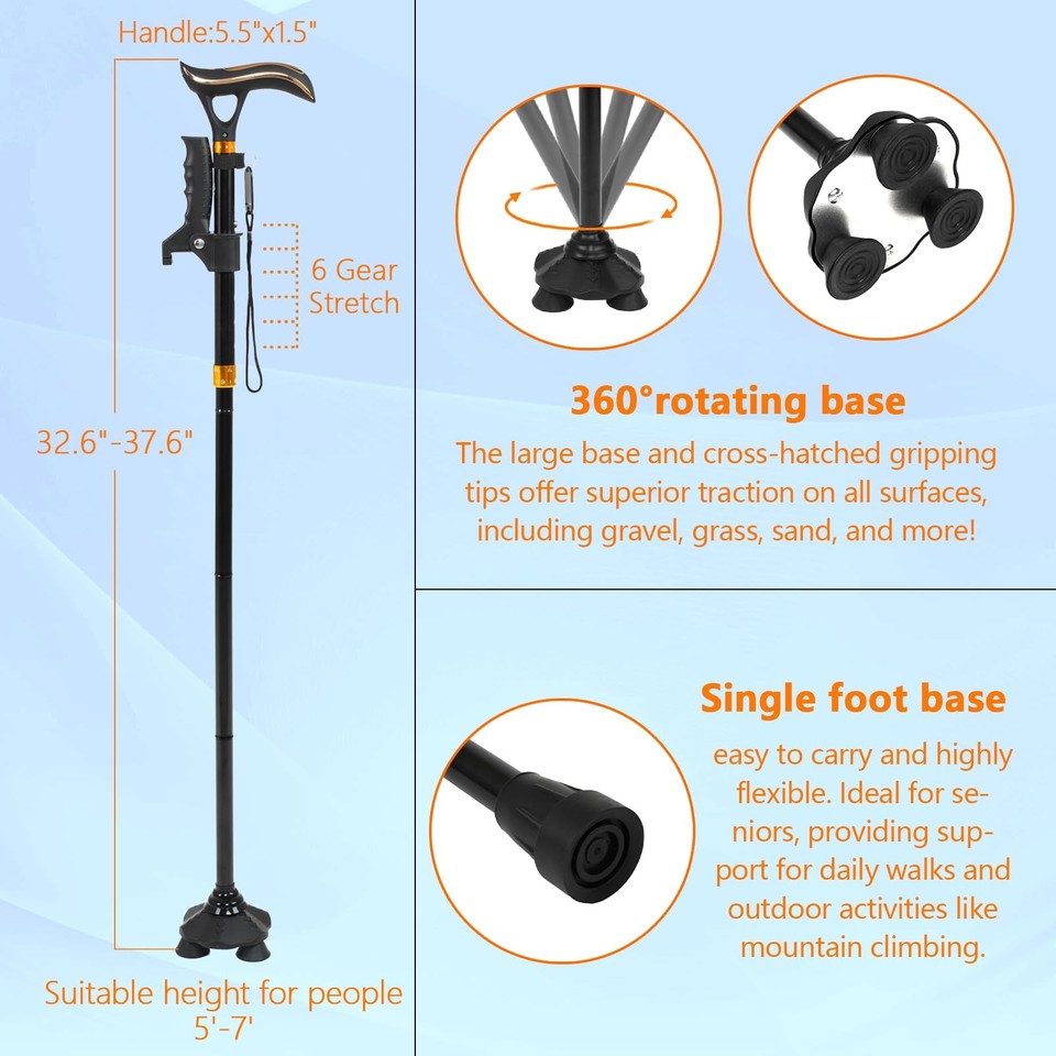 Folding Adjustable Walking Cane with Light and Alarm, Smart USB ...