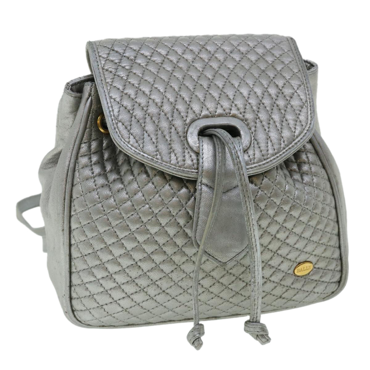 BALLY Matelasse Backpack Leather Silver Auth am3396 - Gem