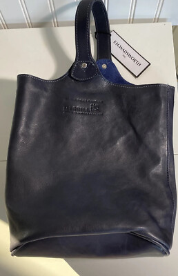 Navy Blue Leather FH WADSWORTH NYC Tote Wine Bag Embossed Merrill Bank ...