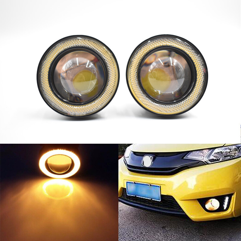 2X Yellow 3.5" Inch Car Projector LED Fog Light COB Halo Angel Eye Ring ...