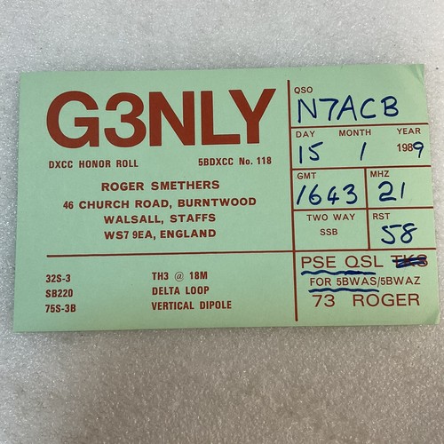 QSL Short Wave Ham Radio Card G3NLY Roger Smethers Walsall Staffs ...