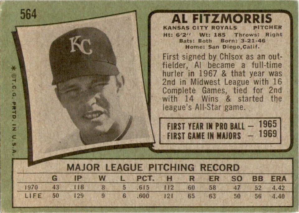 1971 TOPPS AL FITZMORRIS KANSAS CITY ROYALS #564 SCAN CUT RIGHT SIDE ...