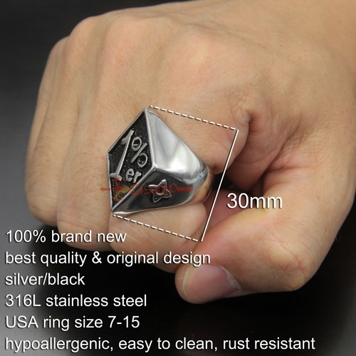 Men's Retro 1%er Outlaw Motor Biker One Percenter Ring Silver Black ...
