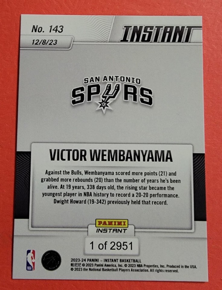 Victor Wembanyama ROOKIE CARD PANINI INSTANT WEMBY GOES 20/20 RECORD ...