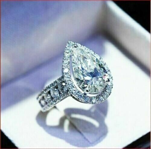 Pear Cut 3.75Ct Diamond 14k White Gold Simulated Halo Engagement Ring ...
