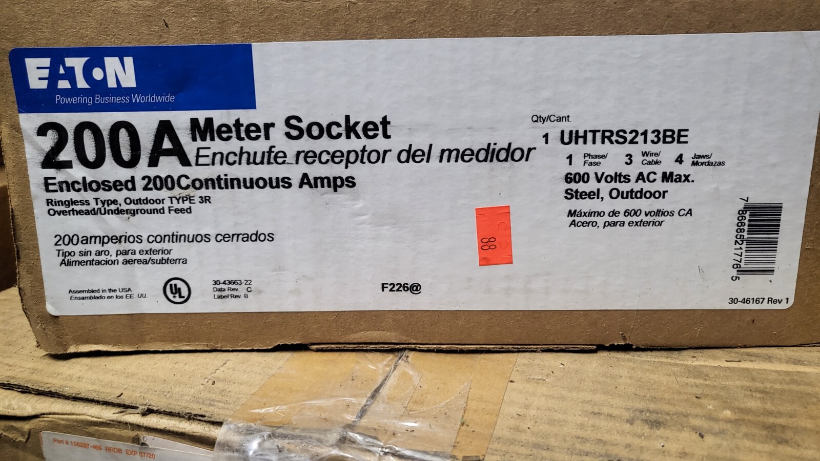 EATON METER SOCKET 200 AMP RINGLESS UTRS213B – 4 Jaws, 3 Wire SF ...