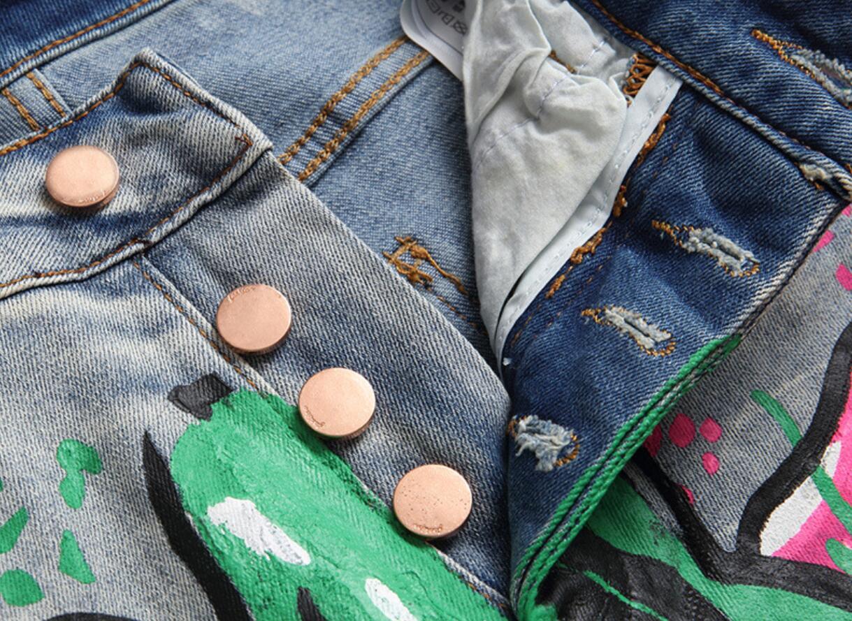 Men's Blue Color Printed Ripped Straight Leg Denim Jeans Casual Punk ...