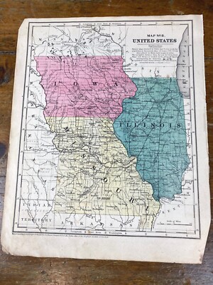 1853 Hand Colored Map ILLINOIS, MISSOURI, IOWA ~ Railroad, State ...