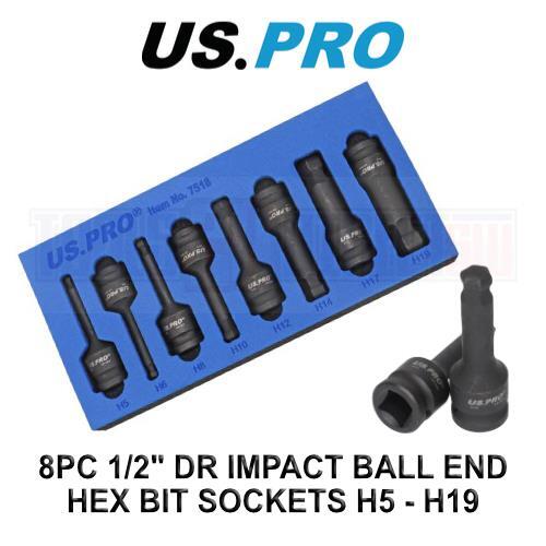US PRO Tools 8pc 1/2" DR Impact Ball End Hex Allen Bit Sockets H5 - H19 ...