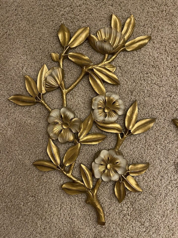 Vintage Syroco Flower Wall Hanging Pair Décor Gold Tone Retro 20" | eBay