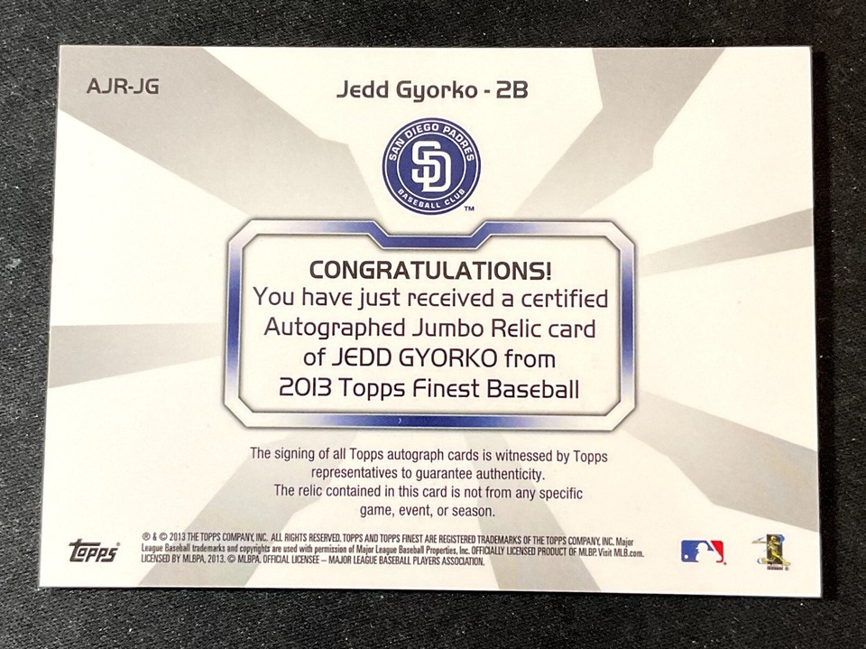 2013 Topps Finest Jumbo Relic Refractor Jedd Gyorko #AJR-JG Rookie Auto ...
