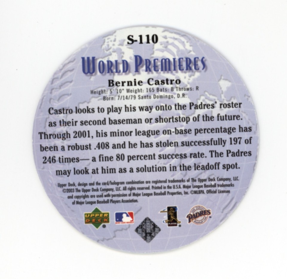 2003 Upper Deck Standing O #S-110 Bernie Castro card. Die-cut parallel ...