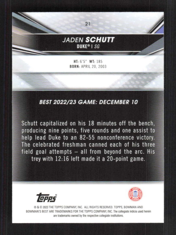 Jaden Schutt 2022-23 Bowman University Best Duke Blue Devils #21 | eBay