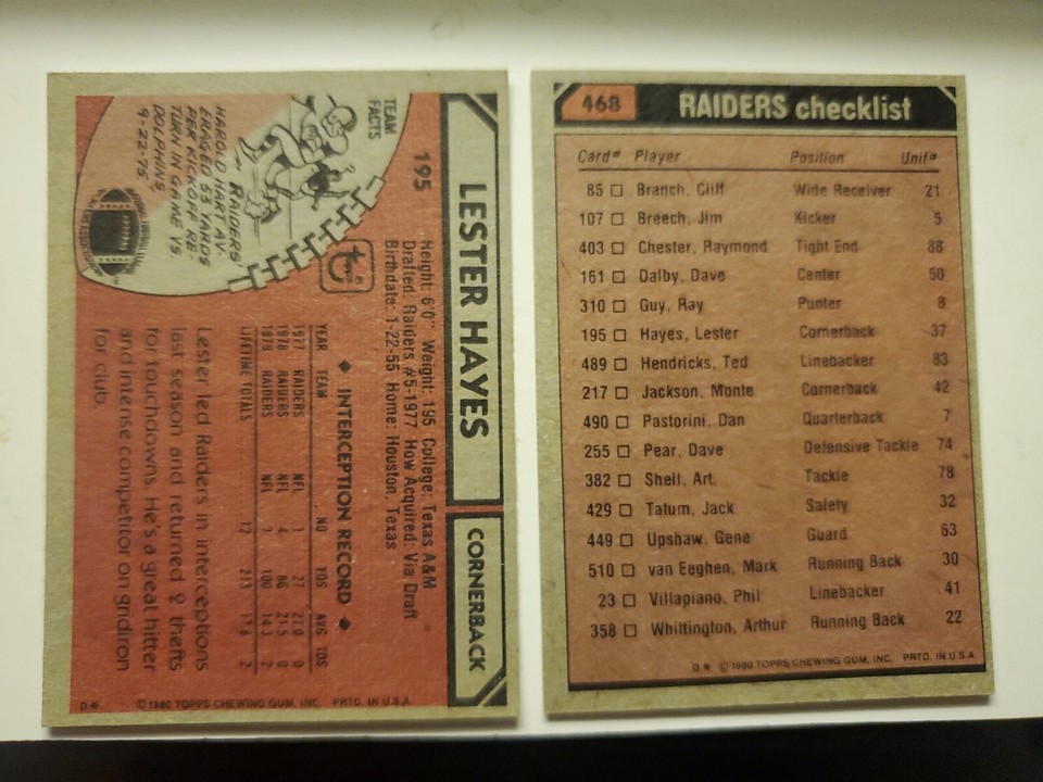 Lester Hayes Rookie Lot 1980 Topps #195 & 1980 Topps #468 Oakland ...