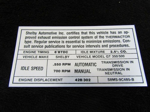 1968 FORD MUSTANG SHELBY GT350 GT500 GT500KR ENGINE EMISSIONS DECAL ...