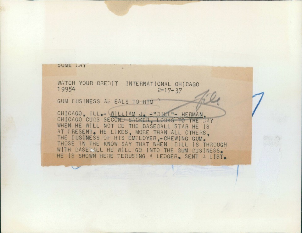 1937 Press Photo Chicago Cubs Billy Herman likes the Business of ...