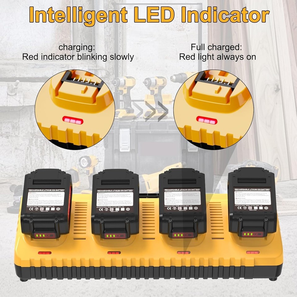 DCB104 4-Port Fast Charger For Genuine DEWALT 12V/20V Lithium DCB206 XR ...