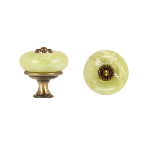 JADE GEMSTONE 36mm CABINET DRAWER PULL CUPBOARD KNOB - ANTIQUE BRASS ...
