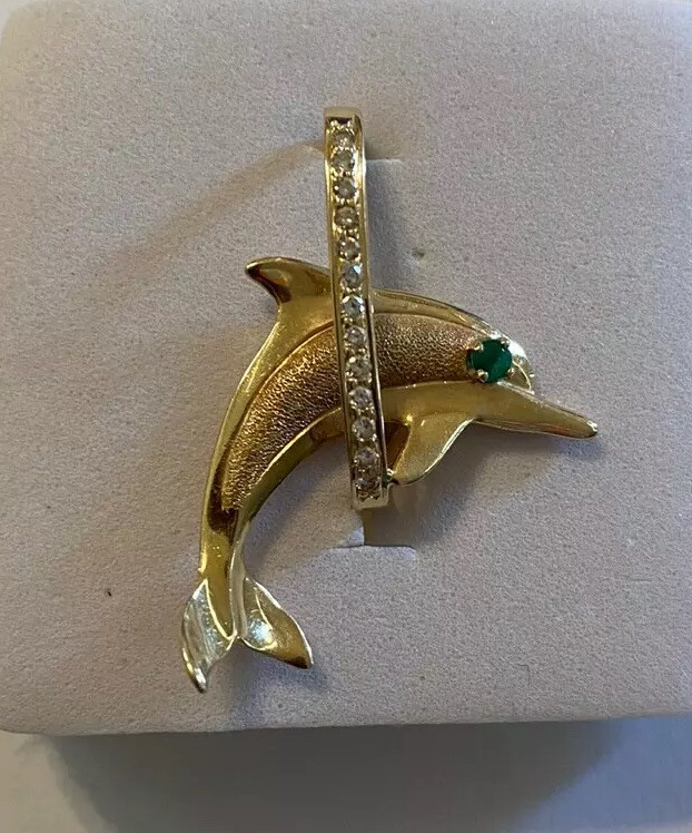 14k Yellow Gold DAVID WELTY Emerald Eye and Diamond Dolphin Pendant ...