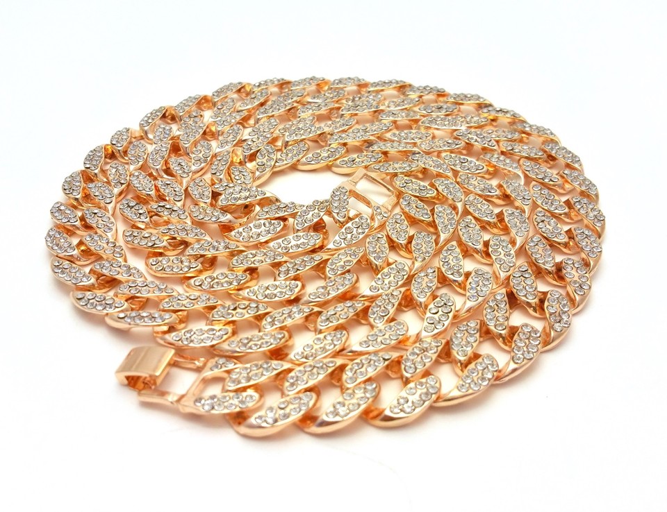 Mens 14K Rose Gold Finish Rapper's Miami Cuban Link Chain Necklace | eBay