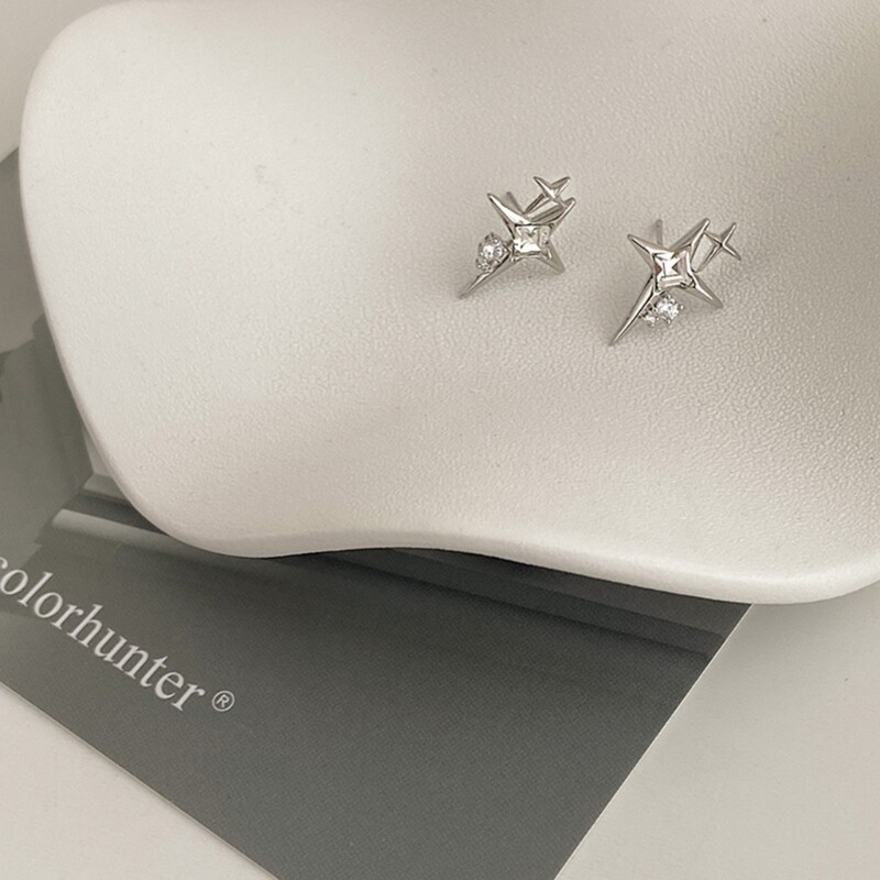Crystal Zircon Earrings Geometric Four-Pointed Star Stud Earrings ...
