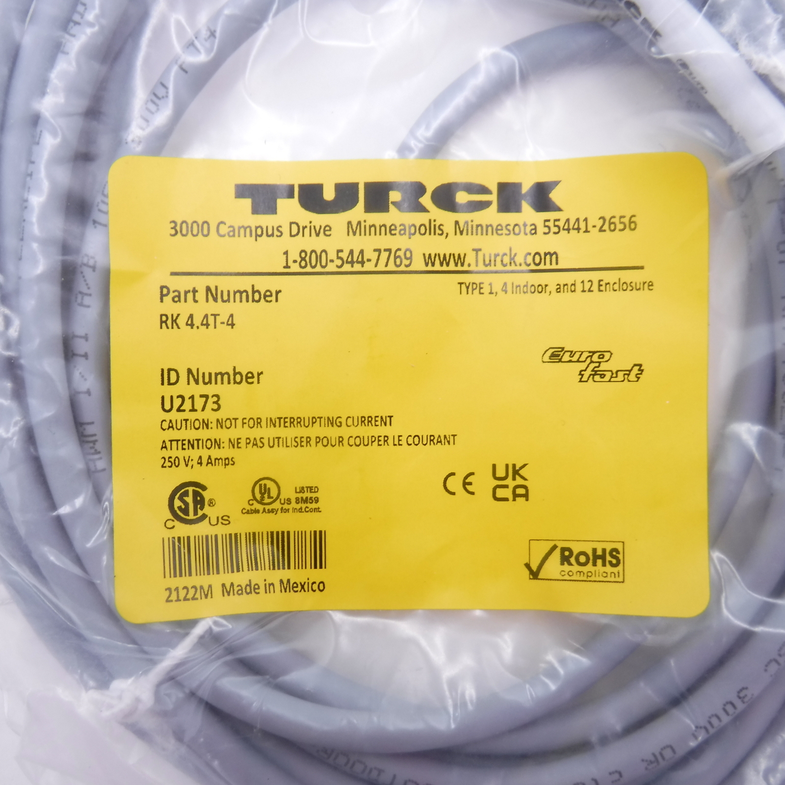 3 Pack Turck RK 4.4T-4 Cordset M12 Female to Cut-end Gray 4 cond. 4 m ...