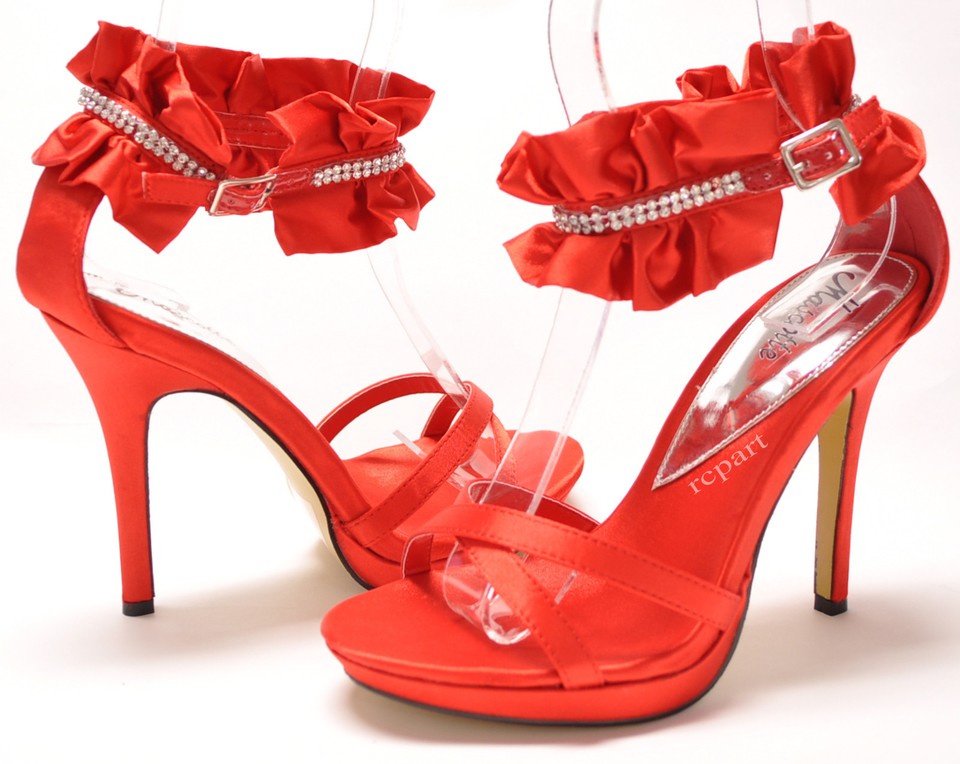 New women's shoes red satin rhinestone stilettos evening prom wedding ...