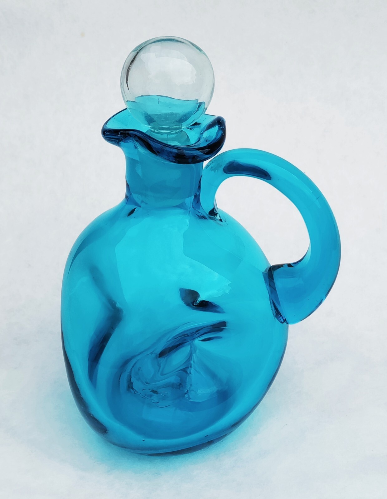 Vintage Mid Century Blenko Blue Pinched Art Glass Cruet Pitcher w ...