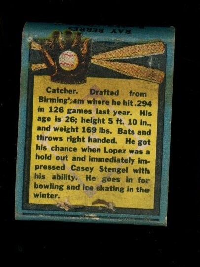 1934 Diamond Matchbook Ray Berres Dodgers 30 Full Book W/Matches! LOOK ...