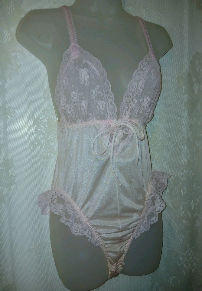 Vintage 80s Nan Flowe Pink Nylon Floral Lace Hi-Cut Teddy Snap Crotch ...