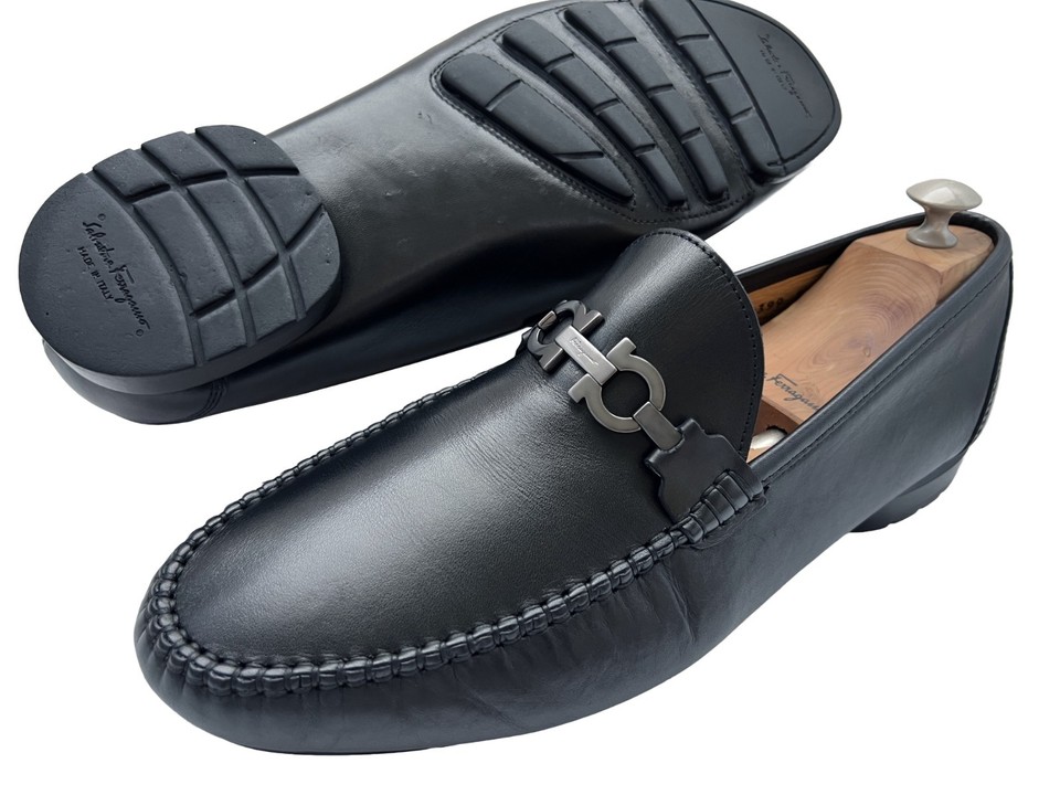 $850 Salvatore Ferragamo GLOVE Shoes Silver Gancini Bit Drivers Loafers ...