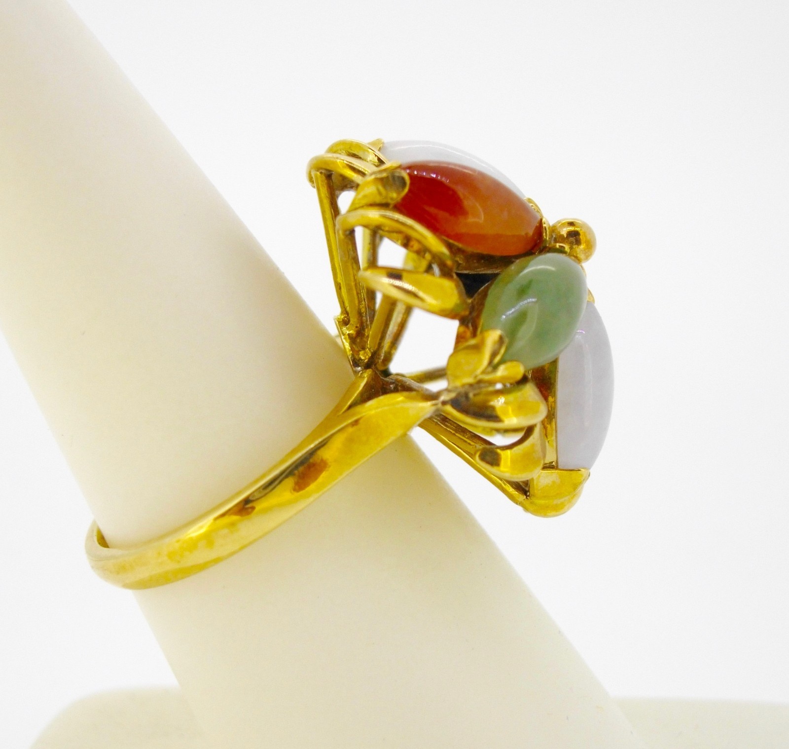 Ring 14K yellow gold MULTI COLOR JADE cluster blk yel grn red lav whit ...