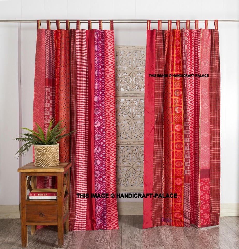 2 Pcs Indian Vintage Sari Patchwork Curtain Drape Window Decor Silk ...