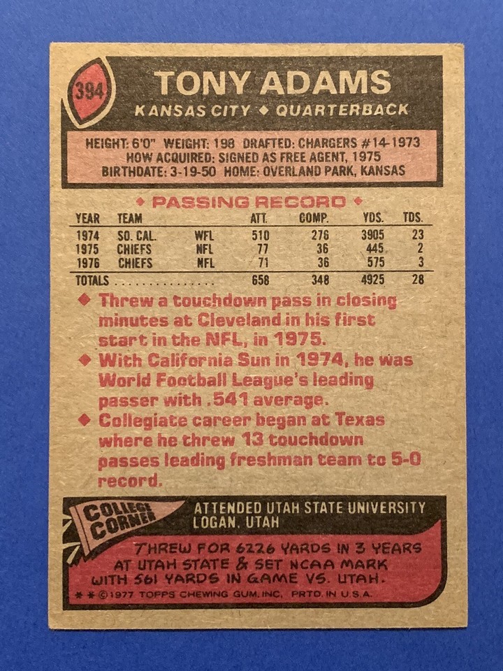 TONY ADAMS Signed RC 1977 Topps #394 KC Chiefs Toronto Argonauts ...