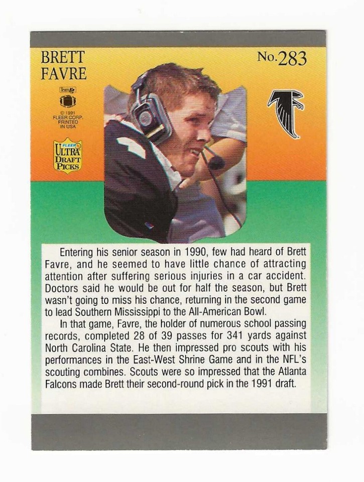 BRETT FAVRE 1991 ULTRA DRAFT PICKS ROOKIE RC CARD #283 - PACKERS - HOF ...