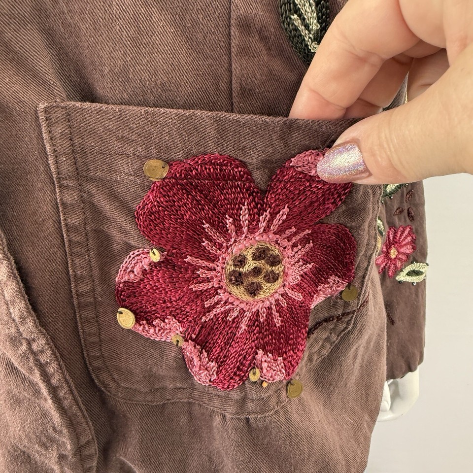 Passports Brown Beaded Jacket Size XL Floral Embroidery V-Neck Boho ...