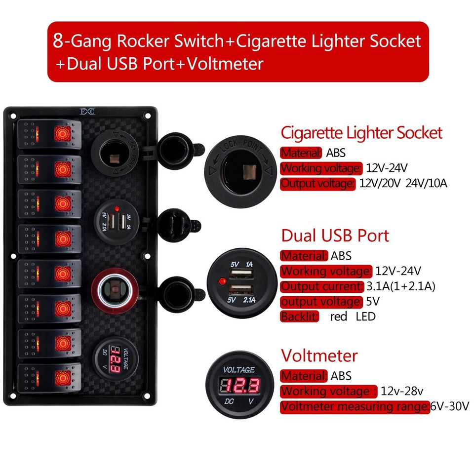 Waterproof Marine Boat Rocker Switch Panel 8 Gang with Dual USB Slot ...