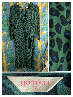 Gorman Dress 10 Midi Fixed Wrap Green Blue Leopard Animal Print 3/4 ...