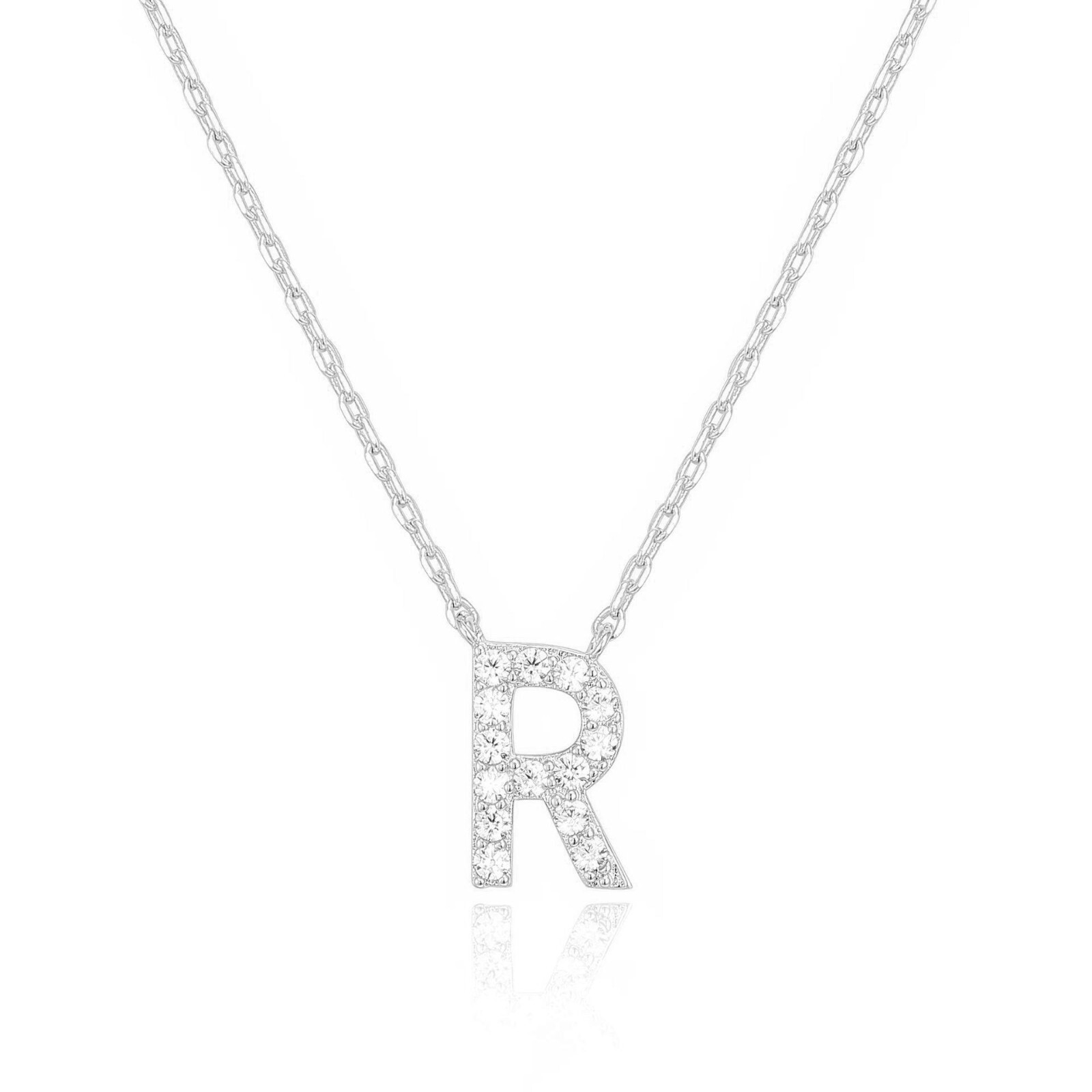 14k White Gold Created White Initial R Letter Pendant Necklace Plated ...