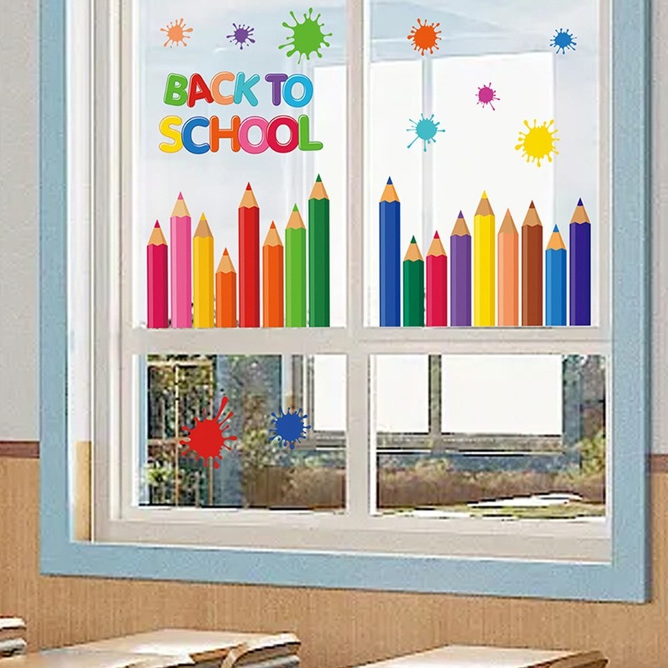 School Season Pencil Window Clings Reusable Double Sided 9 Sheets ...