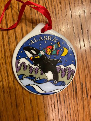 Merry Christmas from Alaska Ornament with Orca Whale in holiday scarf ...