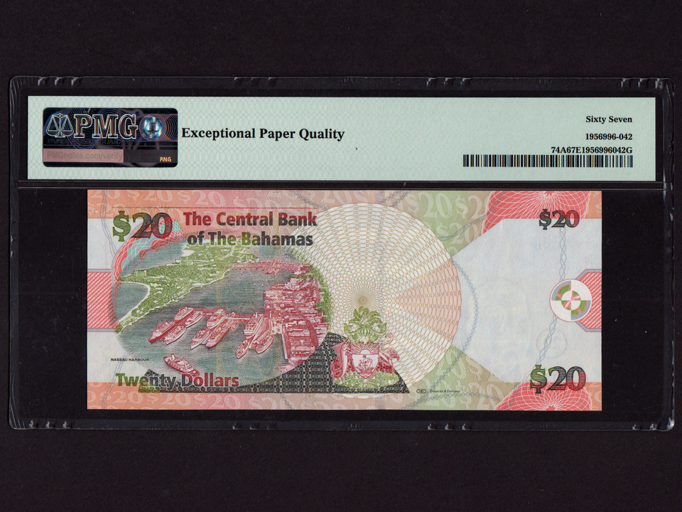 Bahamas:P-74,20 Dollars,2010 * Sir Milo B. Butler * PMG S. Gem UNC 67 ...