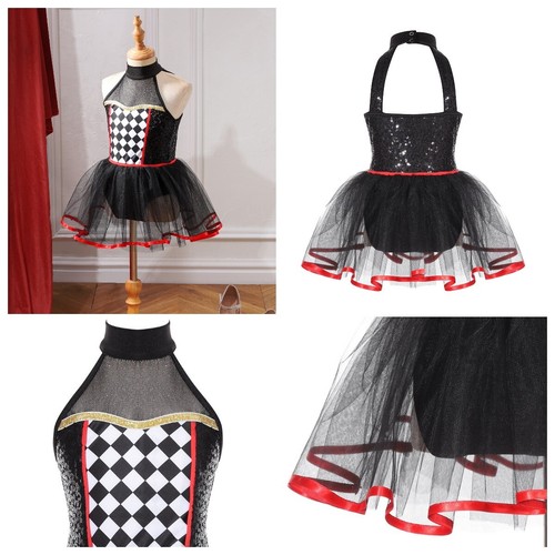 Girls Cosplay Checkerboard Dancewear Sequins Tutu Dress Party Costume ...