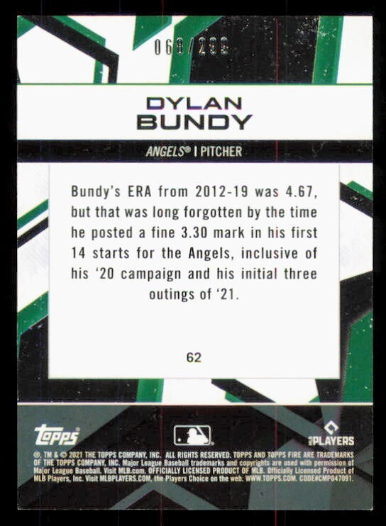 2021 Topps Fire Dylan Bundy Orange Foil #/299 Los Angeles Angels SP | eBay
