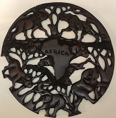 HAND CARVED WOOD AFRICAN PLAQUE ROUND. REAL WOOD HAND MADE IN AFRICA ...