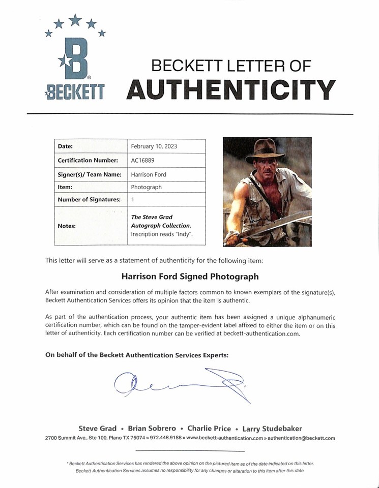 Harrison Ford Signed & Inscribed "Indy" Indiana Jones TOD Signed 11x14 ...