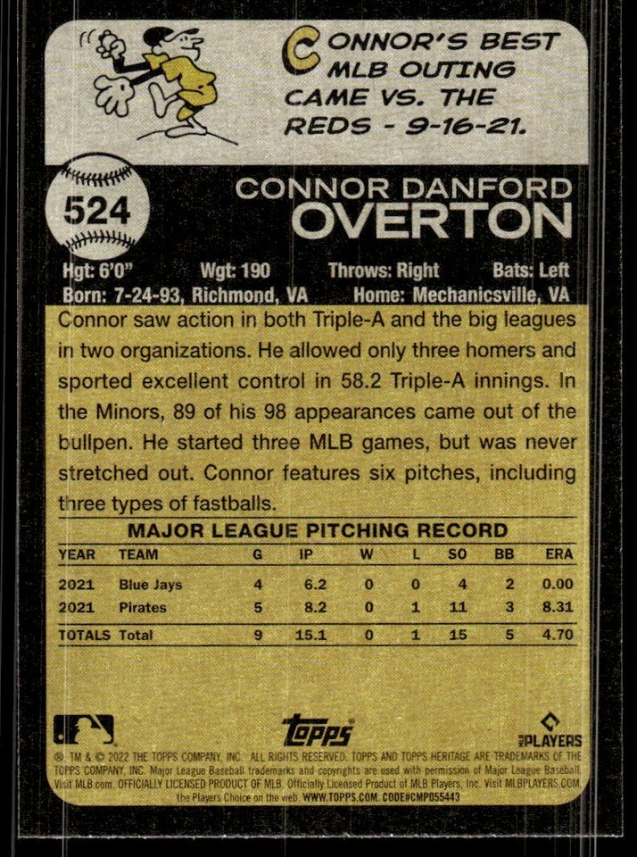 2022 Topps Heritage High Number Connor Overton Rookie Cincinnati Reds ...