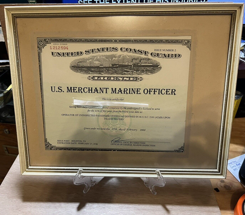 2008 U.S. Merchant Marine Officer Rare License Framed- This will ship ...